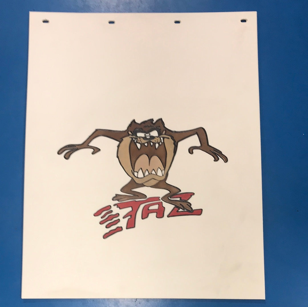 TAZ 24" x 30" white plastic mudflap w/ logo — Empire Chrome