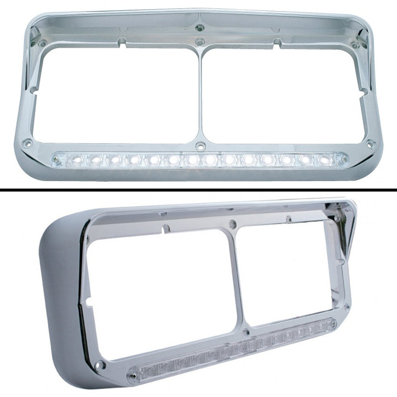 Chrome plastic dual rectangular headlight bezel w/visor white LED auxi ...