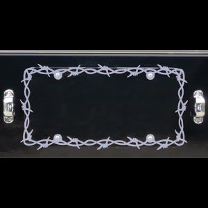 Stainless steel license plate frame w/barbed wire design — Empire Chrome